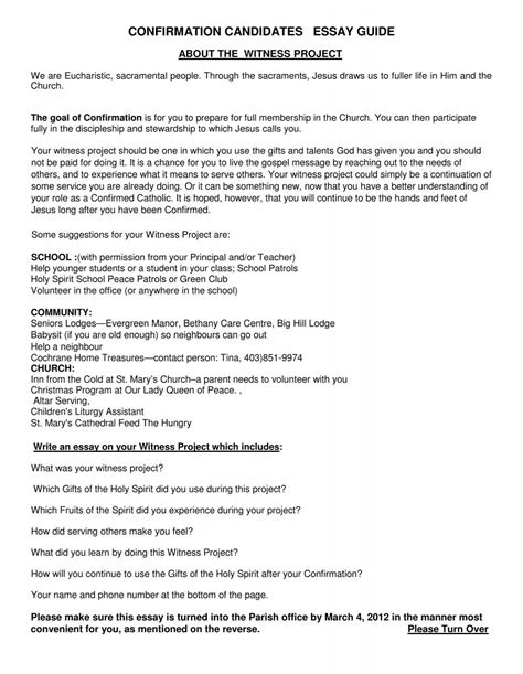 Confirmation Candidates Essay Guide St Marys Parish