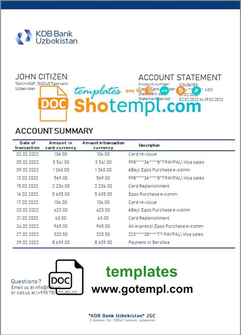 Uzbekistan Kdb Bank Statement Fake Template In Word And Pdf Format