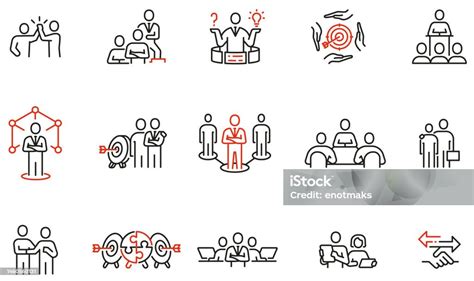 팀워크 협력 협력 및 임무와 관련된 선형 아이콘의 벡터 세트 모노 라인 픽토그램과 인포그래픽 디자인 요소 비즈니스에 대한 스톡 벡터 아트 및 기타 이미지 Istock