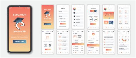Education Mobile App Interface Screens Template Set Online Account Progress Statistic Lessons