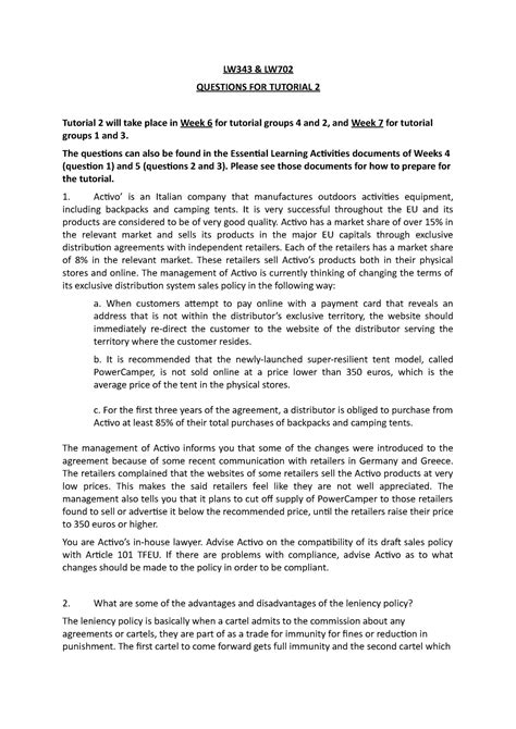 Questions For Tutorial 2 Week 6 Or 7 LW343 LW QUESTIONS FOR TUTORIAL 2 Tutorial 2 Will