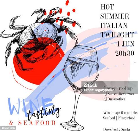 와인 시음 및 해산물 파티 포스터입니다 벡터 손으로 그린 게 와인 한잔과 함께 이탈리아 바다 핑거 푸드 배너입니다 현대 추상적인 배경입니다 빈티지 레스토랑 메뉴 초대장