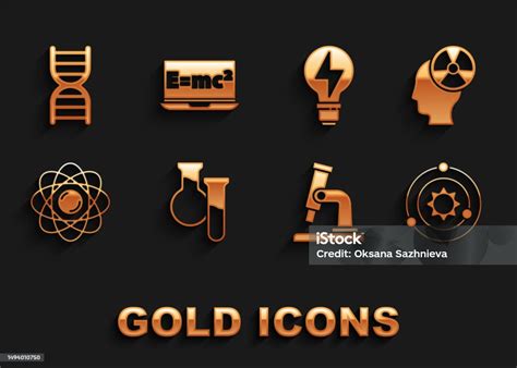 시험관과 플라스크 머리 방사선 기호 태양계 현미경 원자 번개가 있는 전구 Dna 및 방정식 솔루션 아이콘을 설정합니다 벡터 Dna에 대한 스톡 벡터 아트 및 기타 이미지