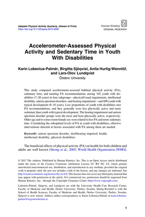 Pdf Accelerometer Assessed Physical Activity And Sedentary Time In Youth With Disabilities