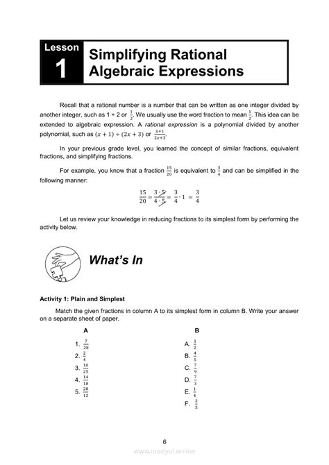 Math 8 Module 4 Simplifying Rational Algebraic Expressions Grade 8 Modules