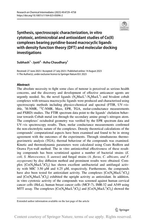 Synthesis Spectroscopic Characterization In Vitro Cytotoxic Antimicrobial And Antioxidant