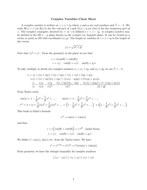 Complex Variables Cheat Sheet Cheat Sheet Complex Analysis Docsity