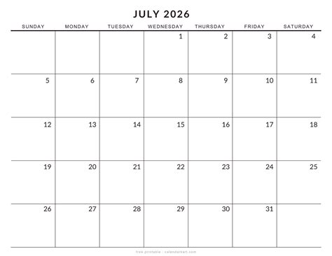 Get Free Printable July 2026 Calendar Calendarkart