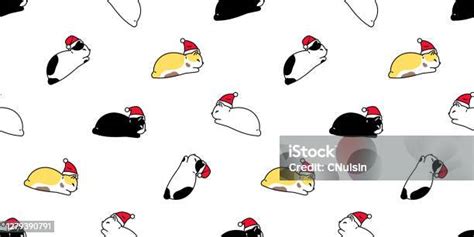 고양이 원활한 패턴 크리스마스 산타 클로스 모자 새끼 고양이 벡터 수면 만화 스카프 고립 타일 배경 반복 벽지 일러스트 낙서