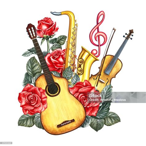 악기 바이올린 색소폰 기타 및 장미로 장식 된 고음 음자리표 손으로 만든 수채화 그림 포스터 전단지 초대장 스티커 엽서 및