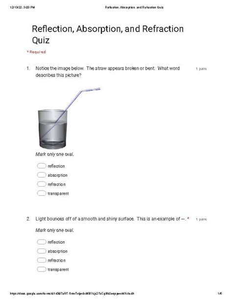 Reflection Absorption Refraction Quiz Pdf Printable By Hemlock Science Shop