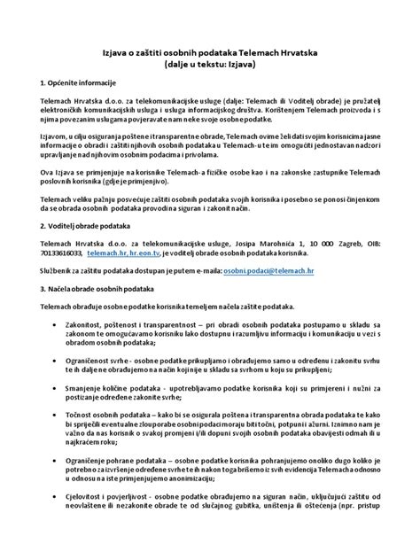 Izjava O Zastiti Osobnih Podataka Telemach Hrvatska Pdf