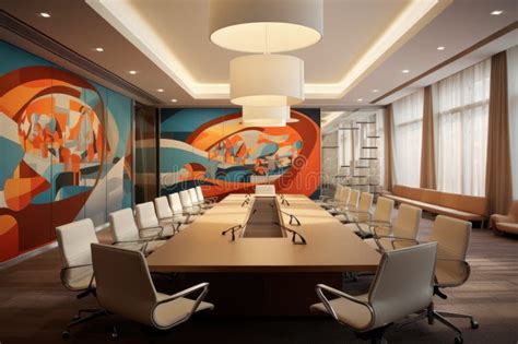 современный конференц зал с большим конференц столом и расписными стенами Иллюстрация штока
