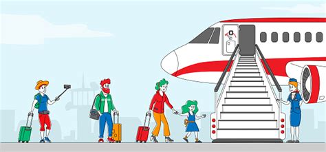 비행기에 탑승하는 캐릭터 사람들은 공항에서 비행기에 대기열에 서있다 항공기에 가는 승객 승객 및 스튜어디스는 제트 사다리에 서서 여행을 위해 탑승합니다 선형 벡터