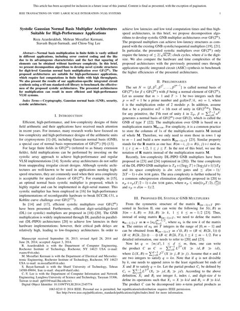 Pdf Systolic Gaussian Normal Basis Multiplier Architectures Suitable For High Performance
