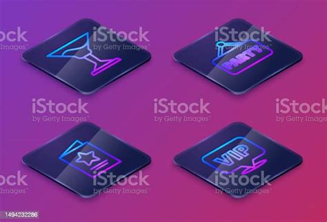 아이소메트릭 라인 칵테일 인사말 카드 간판 파티 및 위치 Vip를 설정합니다 파란색 사각형 버튼입니다 벡터 3차원 형태에 대한 스톡 벡터 아트 및 기타 이미지 Istock