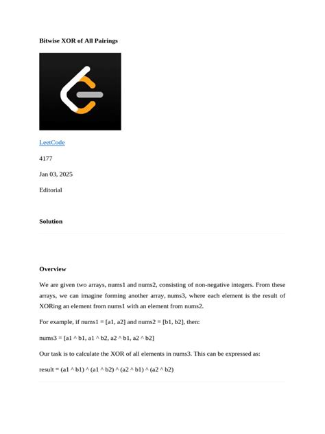 Bitwise Xor Of All Pairings Editorial Pdf Time Complexity Theoretical Computer Science