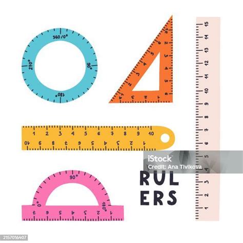 귀여운 플라스틱 눈금자 각도기 삼각형 만화 스타일의 나침반 세트 그리기 및 측정을 위한 손으로 그린 도구 학업과 일을 위한 학용품 및 문구류 벡터 클립아트 Isolated