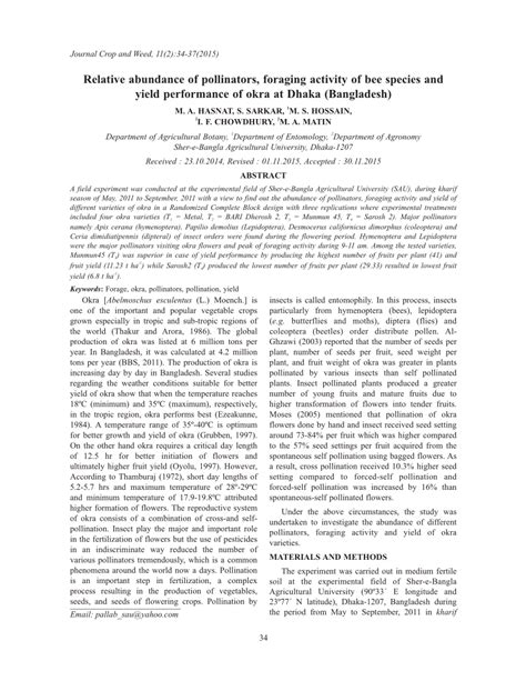 Pdf Relative Abundance Of Pollinators Foraging Activity Of Bee Species And Yield Performance