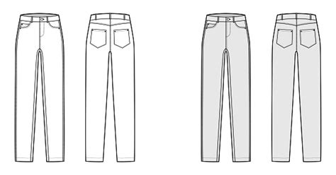 스키니 진 데님 팬츠 테크니컬 패션 일러스트로 전체 길이 노멀 웨이스트 하이라이즈 커브드 코인 5 포켓 0명에 대한 스톡 벡터