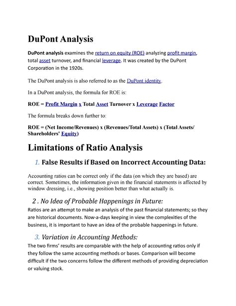 Du Pont Analysis Lecture Notes DuPont Analysis DuPont Analysis Examines The Return On
