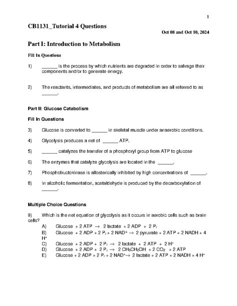 Tutorial 5 1 Cb1131tutorial 4 Questions Oct 08 And Oct 10 202 4 Part I Introduction To