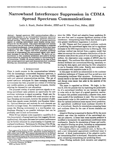 Pdf Narrowband Interference Suppression In Cdma Ss Communications