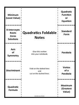 Quadratics Foldable Notes And Crossword Distance Learning TPT