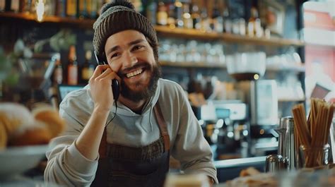 Smiling Busy Bartender Barista Shop Owner Assistant Barman Checking Goods While Talk Generative