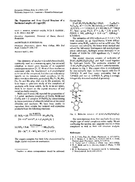 Pdf The Preparatation And X Ray Crystal Structure Of A Saccharin Complex Of Copperii