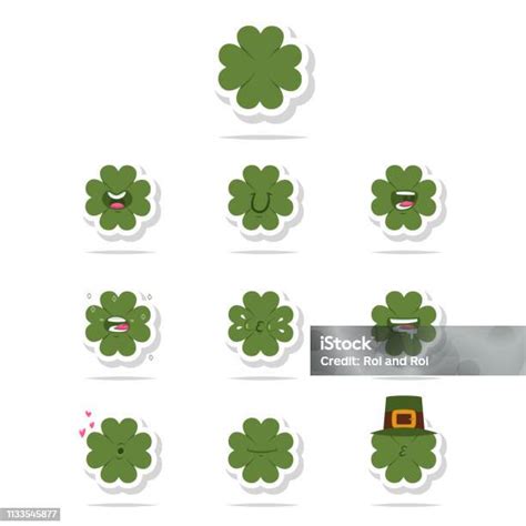 다른 카와이 감정 재미 네 잎 클로버 벡터 만화 귀여운 문자 성 패트릭의 날에 대 한 설정 합니다 스티커 태그 흰색 배경에 고립
