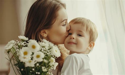 Ai Generated Mother Kisses Son At Home Holding Flowers For Mothers Day