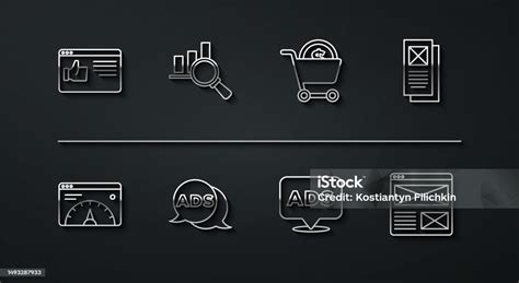 라인 브라우저 창 웹 사이트 통계 광고 돋보기 및 분석 장바구니 달러 아이콘을 설정합니다 벡터 개념에 대한 스톡 벡터 아트 및 기타 이미지 Istock