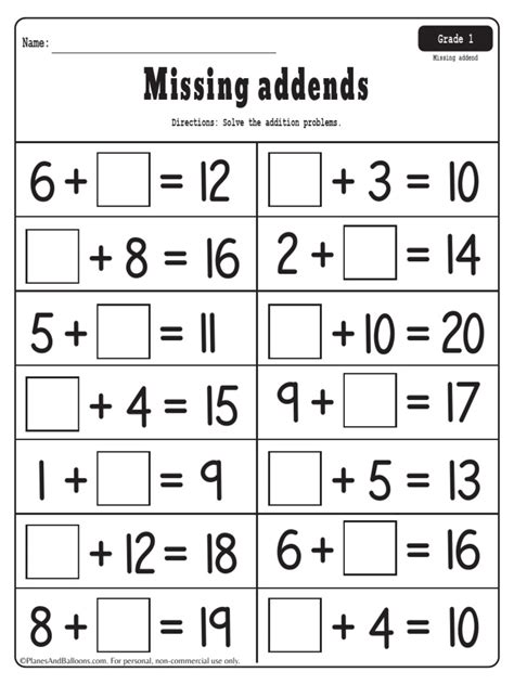 Grade 1 Missing Addends Worksheet Pdf
