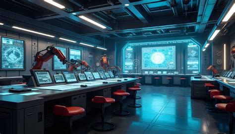 Futuristic Control Room Design With Robotic Arms And Screens Stock