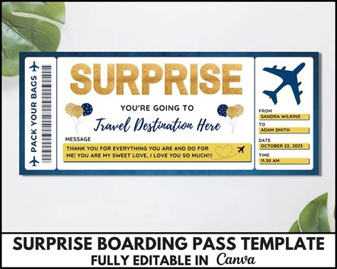 Surprise Boarding Pass Template Editable Fake Plane Ticket Vacation