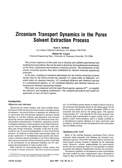 Pdf Zirconium Transport Dynamics In The Purex Solvent Extraction Process