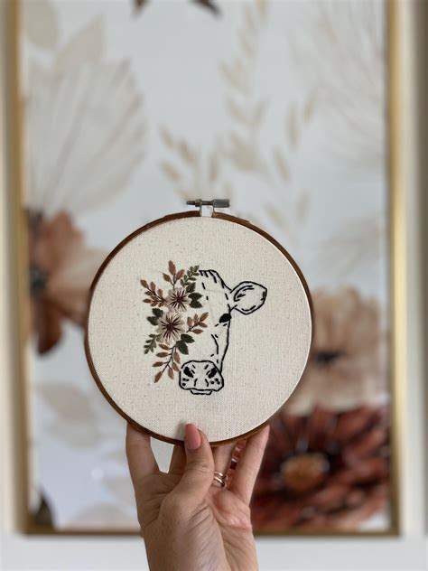 Digitaler Download Boho Blume Kuhkopf Stickanleitung Für Anfänger 13 Cm Stickrahmen Etsy