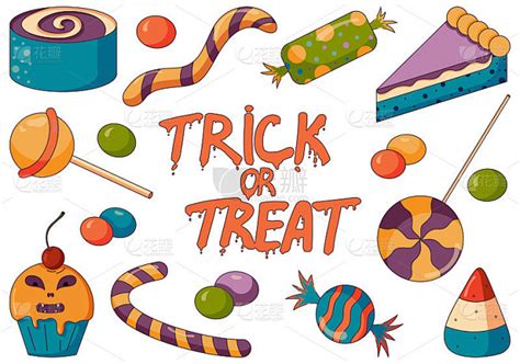 为万圣节派对准备的糖果、果冻、糖果、纸杯蛋糕、派和其他甜点在白色背景上孤立的平面风格。
