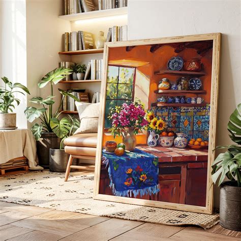Valcopo Mexican Kitchen Wall Art With Sunflowers And Blue Tiles Rustic