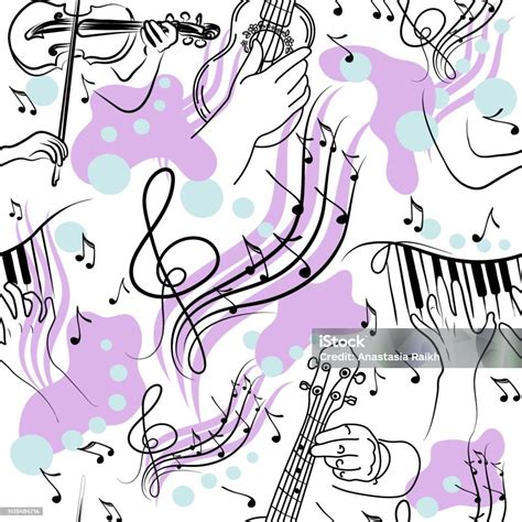 악기가있는 손의 원활한 패턴 손으로 그린 낙서 우쿨렐레 바이올린 피아노 추상적 인 선과 반점 바이올린 키 작은 기타 비행 노트 음악 영감 손가락 Dj에 대한 스톡 벡터 아트