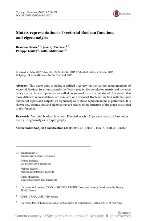 Matrix Representations Of Vectorial Boolean Functions And Eigenanalysis Request Pdf