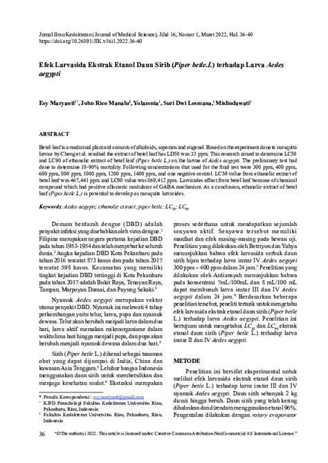 Pdf Efek Larvasida Ekstrak Etanol Daun Sirih Piper Betlel Terhadap