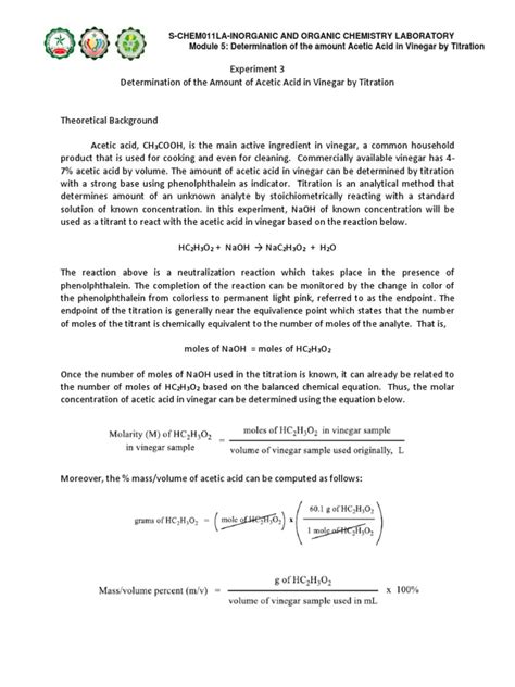 Experiment On Determination Of Amount Of Acetic Acid In Vinegar By Titration Download Free Pdf