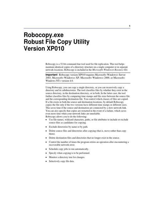 Robocopy Exe Robust File Copy Utility Version Xp010 Important Pdf Command Line Interface