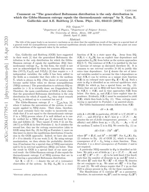 Pdf Comment On The Generalized Boltzmann Distribution Is The Only Distribution In Which The