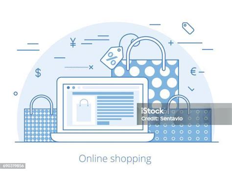 선화 평면 온라인 쇼핑 웹사이트 영웅 이미지 벡터 일러스트 전자 상거래 사업 판매와 소비 개념 노트북 화면에 카트 인터페이스와 배경에 가방 가방에 대한 스톡 벡터 아트 및