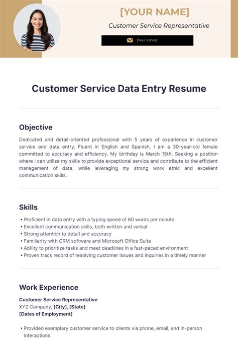 Free Customer Service Data Entry Resume Template To Edit Online
