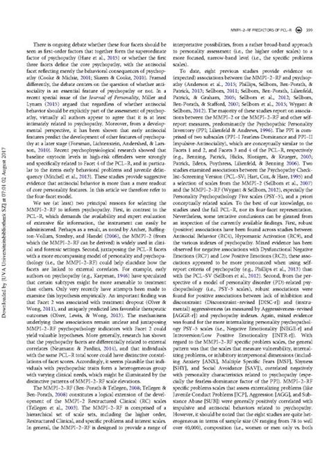 Personality Pdf 96543 Using Mmpi 2 Rf Correlates To Elucidate The Pcl R And Its Four Facets In