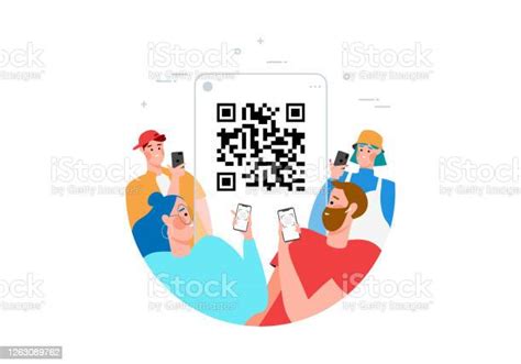 Qr 코드 스캔 개념은 사람들이 지불 평면 벡터 일러스트레이션을 위해 스마트 폰을 사용하여 코드를 스캔합니다 폰과 스캔 바코드와 손 Qr코드에 대한 스톡 벡터 아트 및 기타